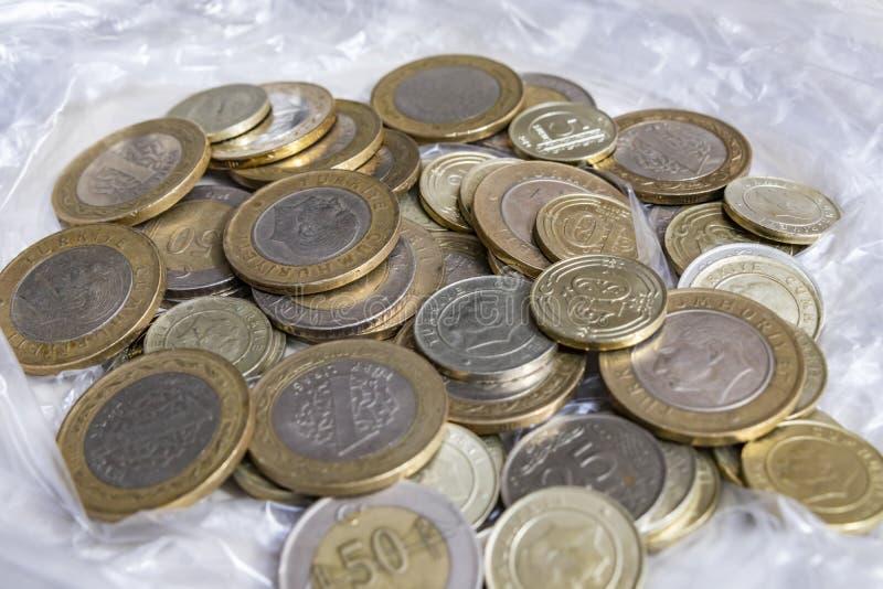 Close Up Coins in Metal Plate Stock Photo - Image of market, change ...