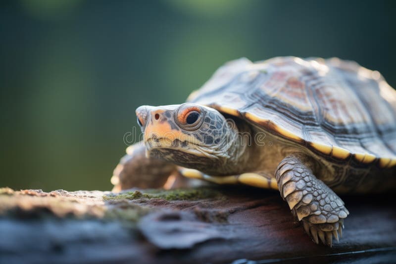Close-up of a Turtle on a Log, Sunlight on Its Back Stock Illustration ...