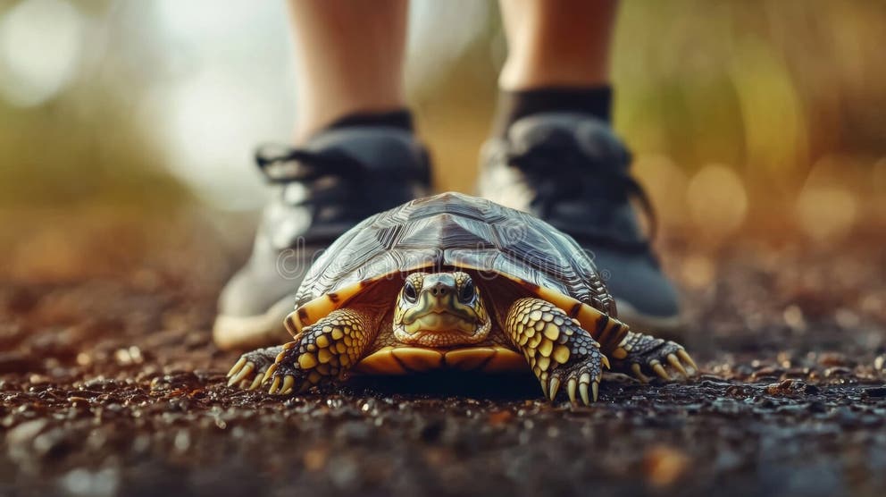 Close-Up of a Turtle on a Path with Person S Feet in the Background ...