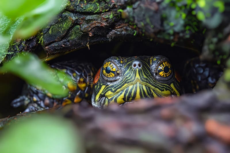 A Close Up of a Turtle Peeking Out of a Hole in a Tree. Generative AI ...