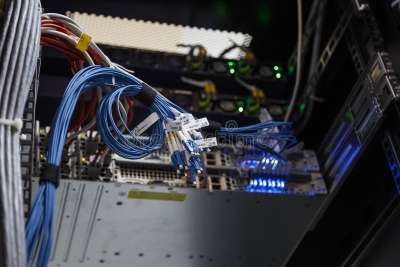 Internet Wires Fiber Optic Connecting on Core Network Swtich in Server ...
