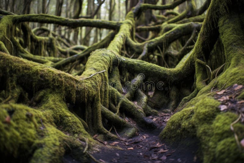 Close-up of Twisted Tree Roots Over Mossy Forest Ground Stock Image ...