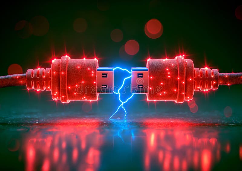 Close-up of Two Cables Connecting with a Blue Electric Spark between ...