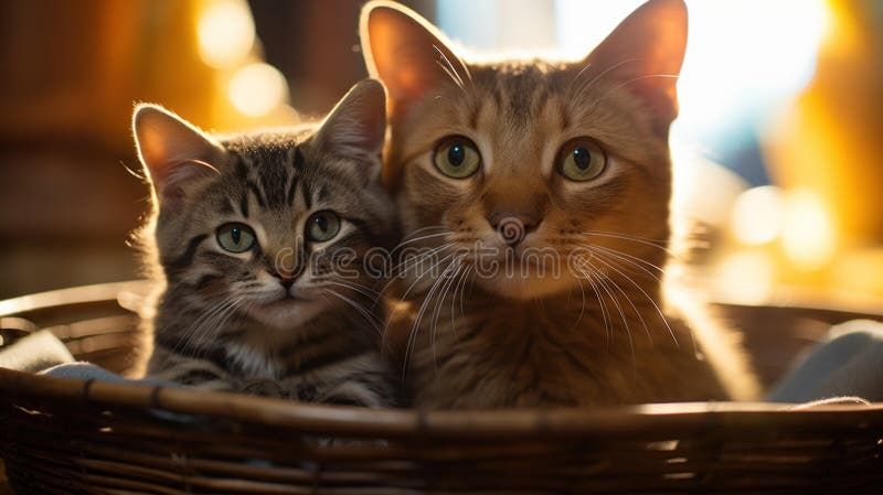A Close Up of Two Cats Sitting in a Basket Together, AI Stock ...