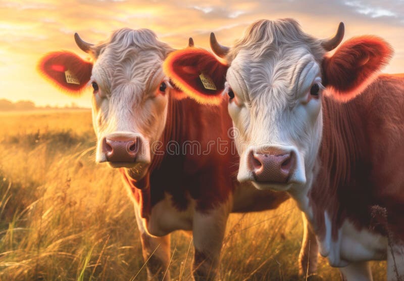 Close-up Two Cows Graze in the Meadow Stock Illustration - Illustration ...
