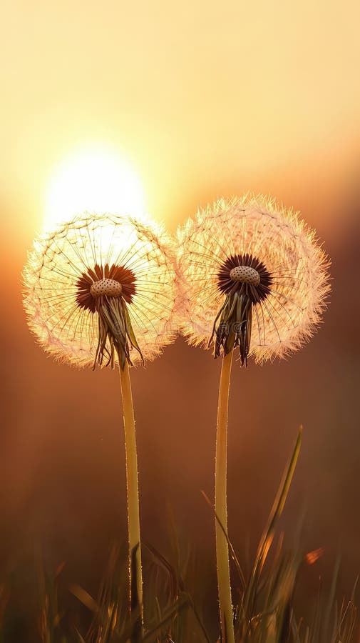 Close-up of Two Dandelions Illuminated by Setting Sun Stock Photo ...
