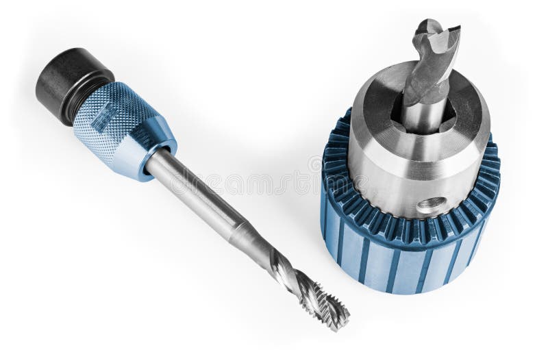 Spiral Flute Tap and End Mill Clamped in Chuck on White Background ...