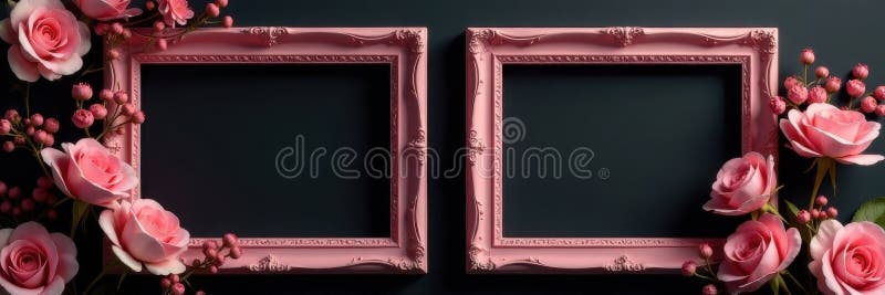 Close Up of Two Delicate Pink Picture Frames on Black , Closeup, Wall ...