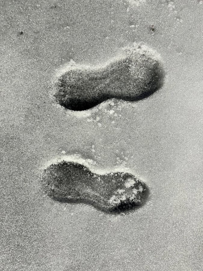 Closeup of Two Footprints in the Snow Top View Stock Image - Image of ...