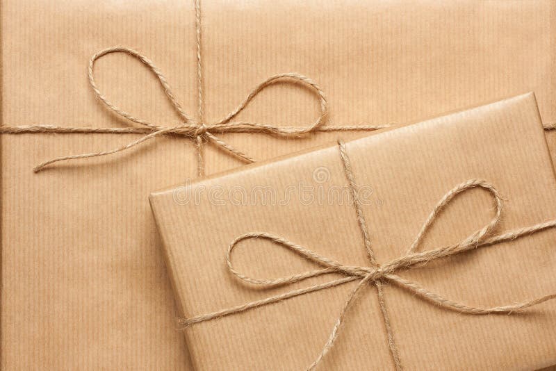 Close Up of Two Gift Boxes Wrapped in Recycled Paper Stock Image ...