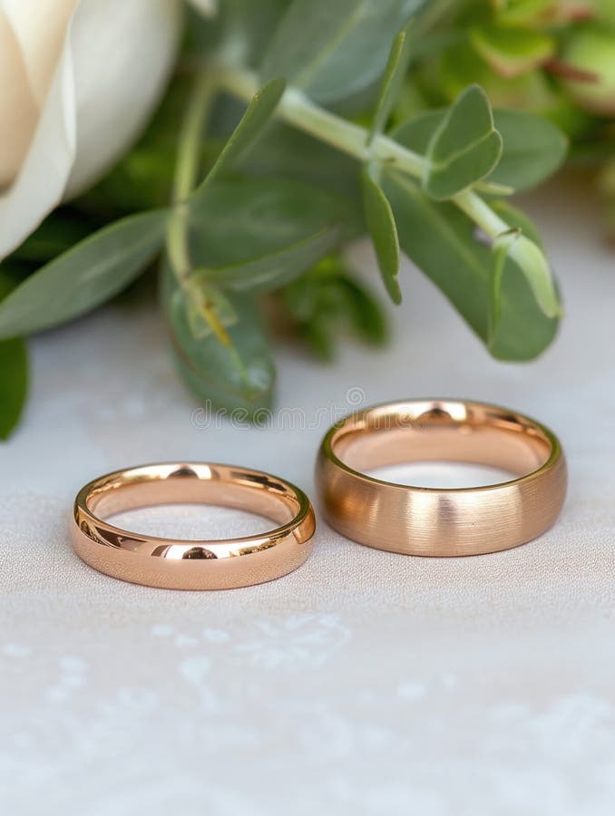 Close-Up of Two Gold Wedding Rings with Greenery and White Flowers in ...