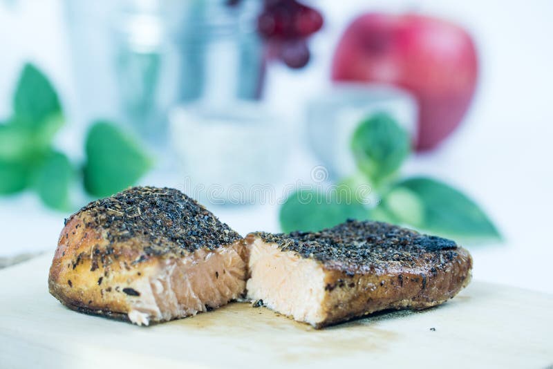 Two Half Cuts Salmon with Herbs Stock Photo - Image of garnish, food ...