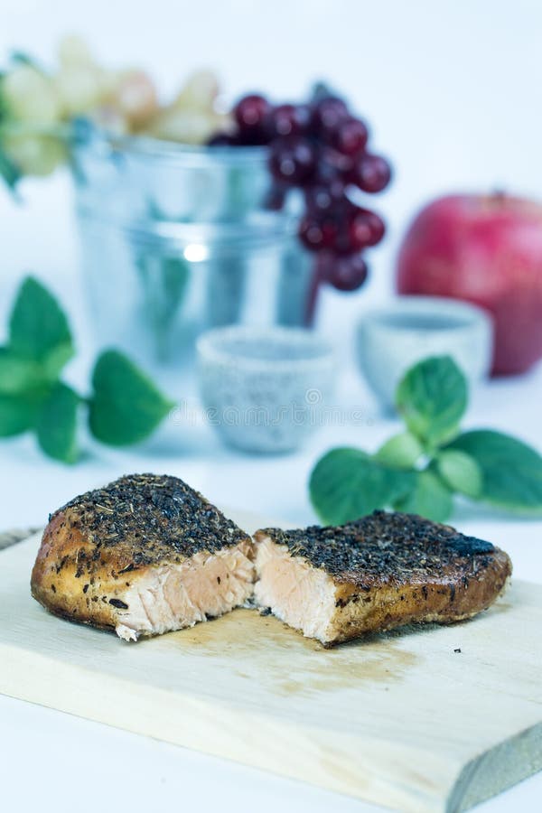 Two Half Cuts Salmon with Herbs Stock Photo - Image of saute, filet ...