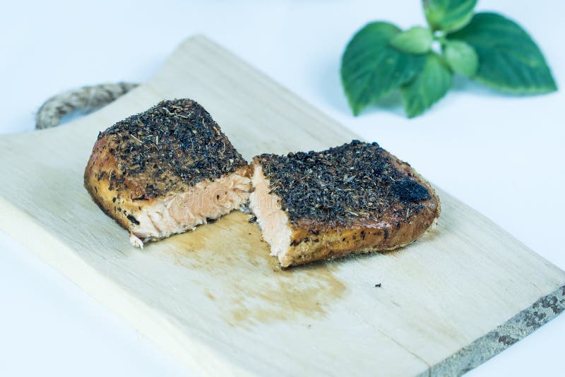 Two Half Cuts Salmon with Herbs Stock Photo - Image of rustic, plate ...