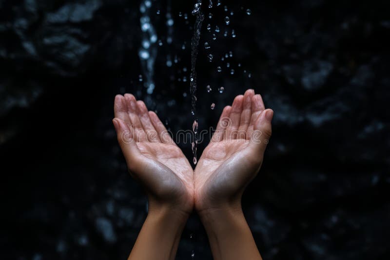 Hands Receiving Water from a Natural Source in a Dark Environment Stock ...