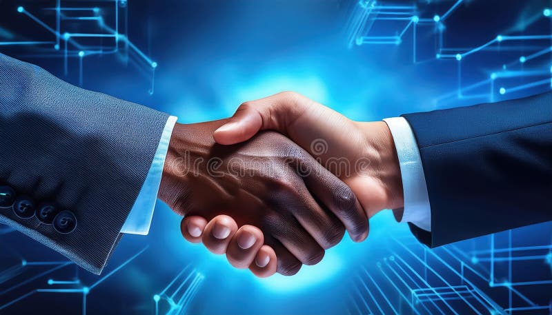 Close Up of Two Hands in Digital Handshake Against Vibrant Blue ...