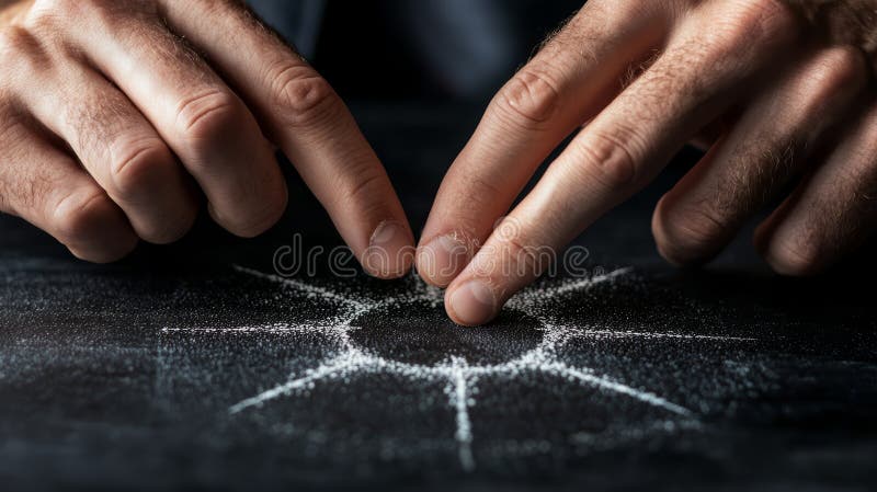 Close-up of Two Hands Drawing a Sun Symbol in Chalk on a Black Surface ...