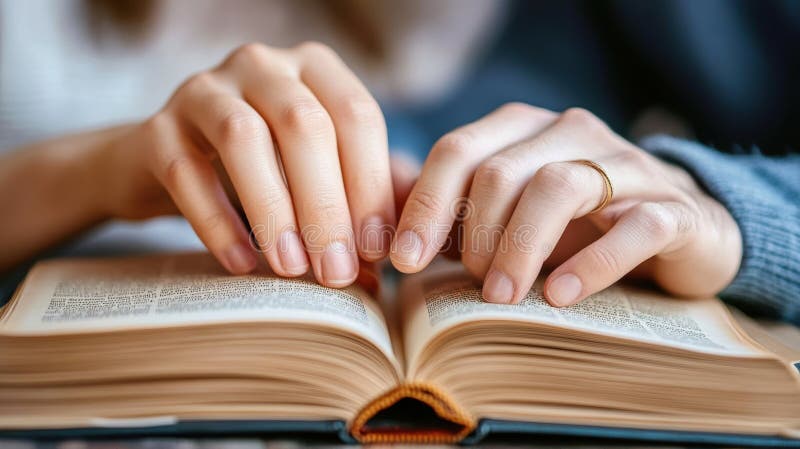 Close Up of Two Hands Gently Touching Open Book, Symbolizing Connection ...