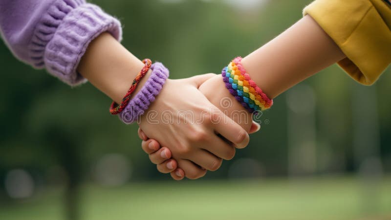 Close-up of Two Hands Holding, Purple Rainbow Bracelets, Stock ...