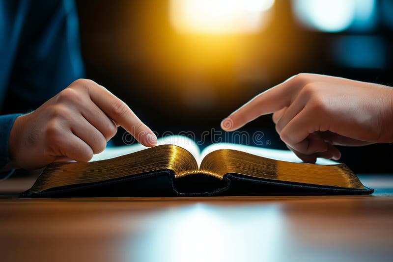 Close Up of Two Hands Pointing at Open Book, Symbolizing Study and Collaboration. Warm Light ...
