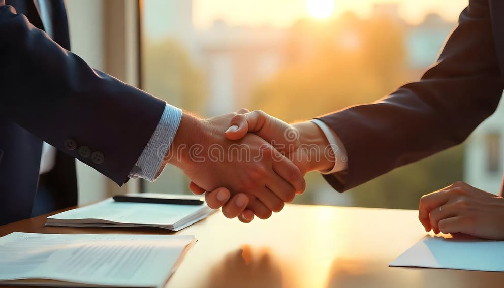 Close-up of Two Hands Shaking Over a Mahogany Table in a Bright, Stock ...