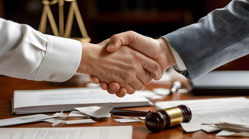 Close-Up of Two Hands Shaking Over a Table Surrounded by Scattered ...