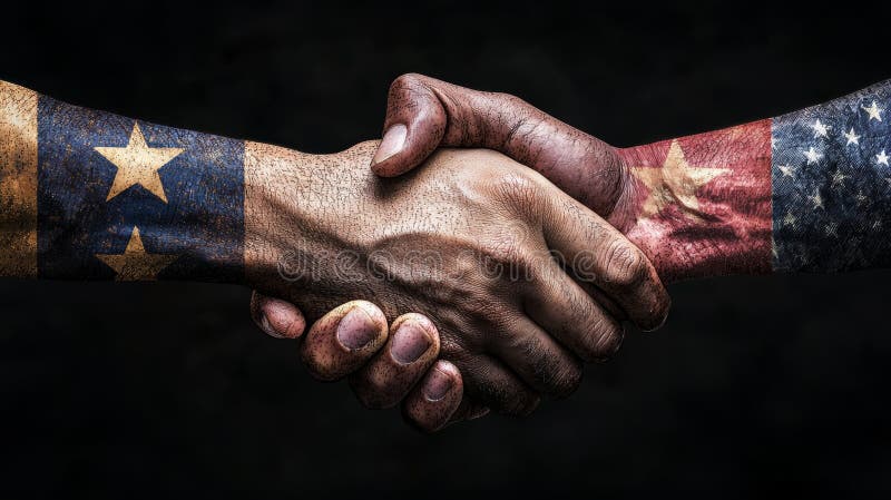 A Close-up of Two Hands Shaking, Showcasing Painted Flags Symbolizing ...