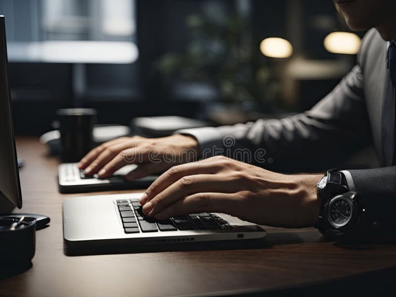 A Close-up of Two Hands Typing Away on a Sleek, Modern Office Desk ...