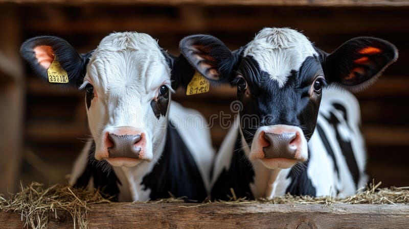 Close-up of Two Holstein Calves in Barn Setting Stock Photo - Image of ...