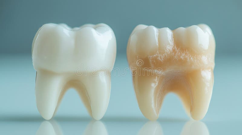 Close-up of Two Human Molar Teeth, One Healthy and One Decayed ...