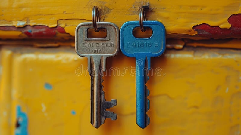 Close-up of Two Keys One Silver and One Blue with Unique Identification ...