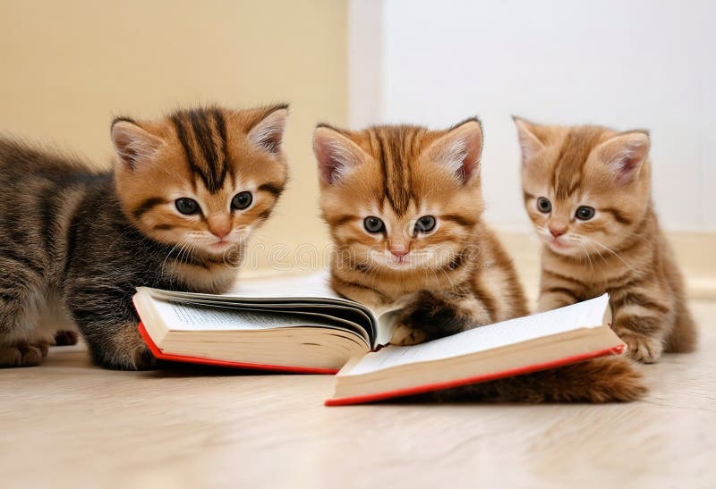 Close Up Two Kittens Reading Books at 16-9-2024 Stock Illustration ...