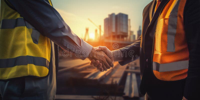 Close Up Two Man at Construction Site Shaking Hands. Handshake in the ...