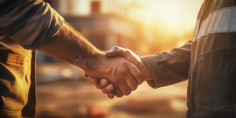 Close Up Two Man at Construction Site Shaking Hands. Handshake in the ...