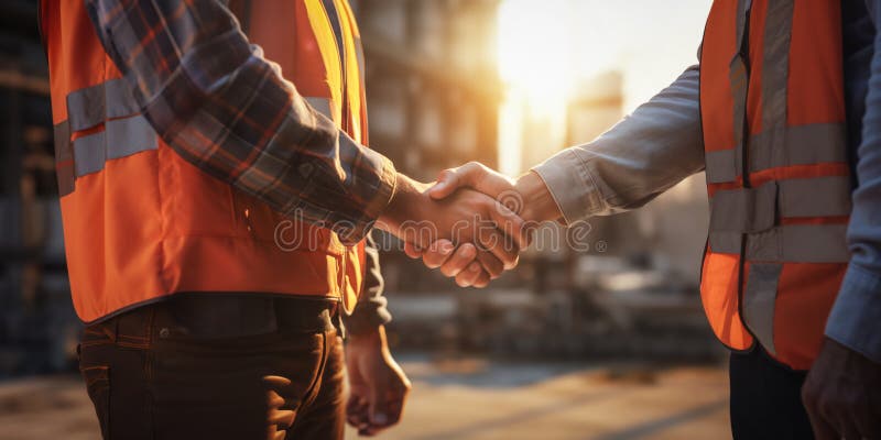 Close Up Two Man at Construction Site Shaking Hands. Handshake in the Workplace. Success ...