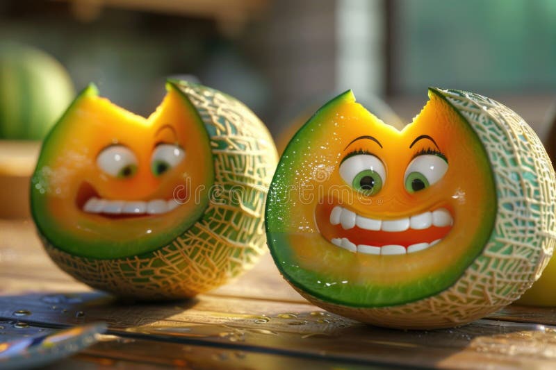 Close-up of Two Melons with Face-like Features Stock Illustration - Illustration of decoration ...