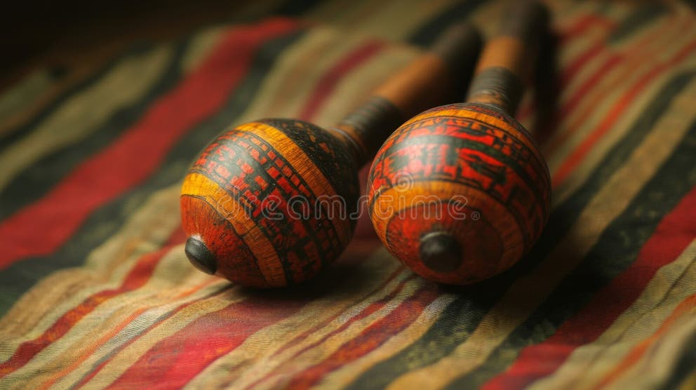 Close-up of Two Ornate Handheld Percussion Instruments on Striped ...