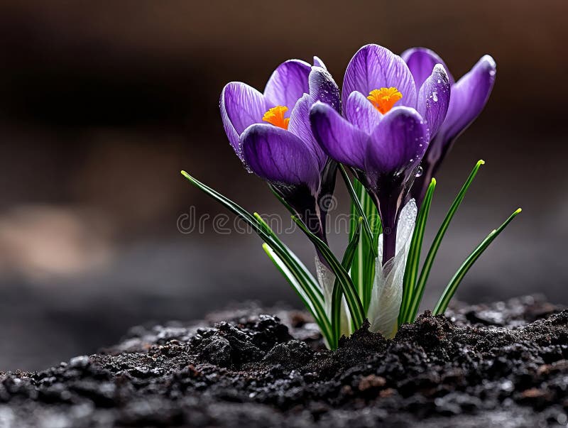A Close Up of Two Purple Crocuses Growing Out of the Ground Stock Photo ...