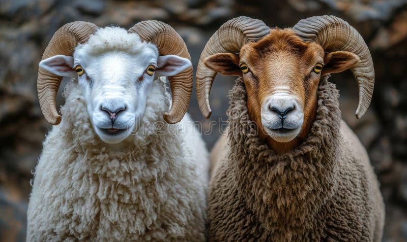Close-up of Two Rams Showcasing Distinct Wool Textures and Horn Shapes ...