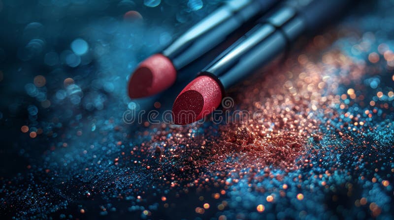 CloseUp of Two Red Lipsticks on Sparkling Glitter Background with Bokeh ...