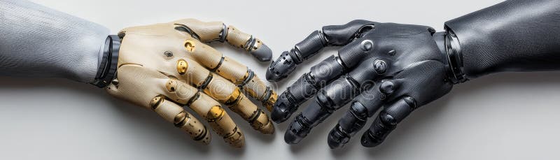 A Close-up of Two Robotic Hands, One Silver and One Black, Gently ...