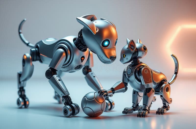 Close-up of Two Robots, with Their Mechanical Parts and Wires Visible ...