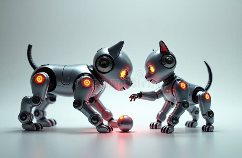 Close-up of Two Robots, with Their Mechanical Parts and Wires Visible ...