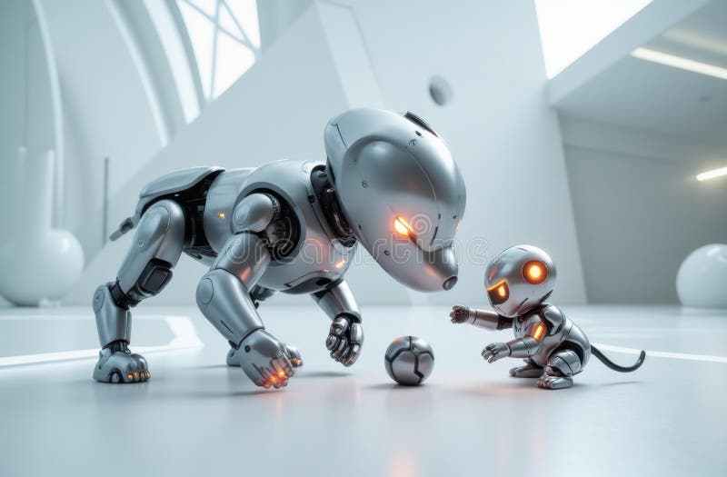 Close-up of Two Robots, with Their Mechanical Parts and Wires Visible ...