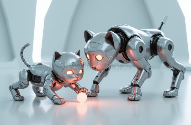 Close-up of Two Robots, with Their Mechanical Parts and Wires Visible ...