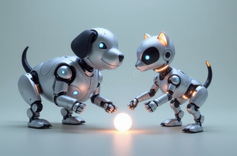 Close-up of Two Robots, with Their Mechanical Parts and Wires Visible ...