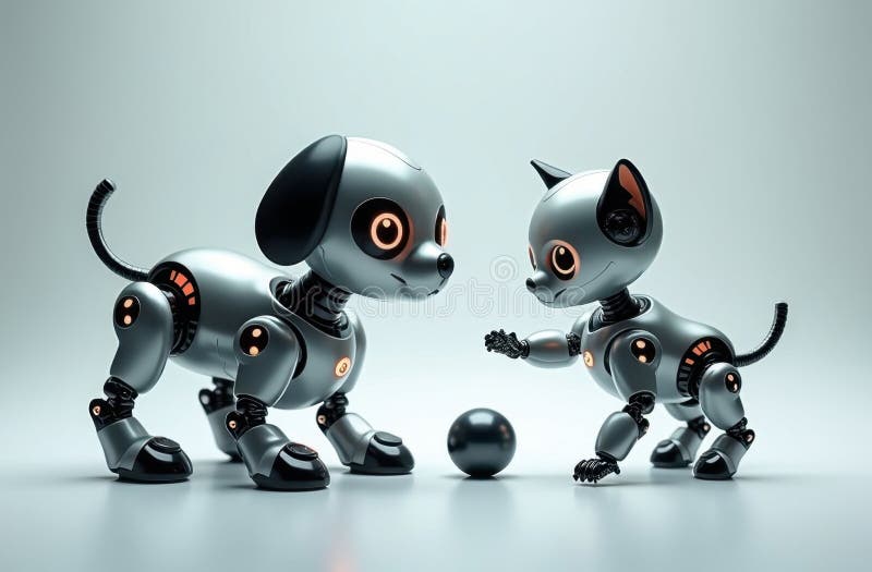 Close-up of Two Robots, with Their Mechanical Parts and Wires Visible ...