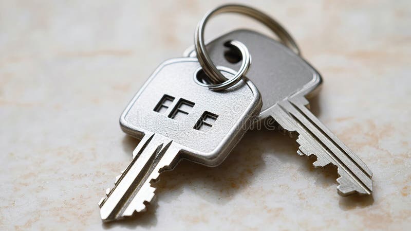 Close-up of Two Silver Keys with "FFF" Engraved on One, Resting on a ...