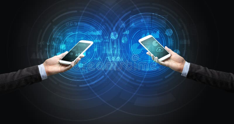 Smartphones Syncing Business Data Stock Photo - Image of blue, exchange ...