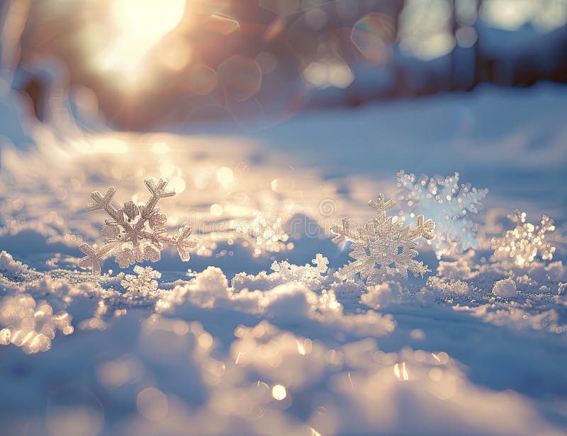 A Close Up of Two Snowflakes on the Ground during Winter Season Stock ...